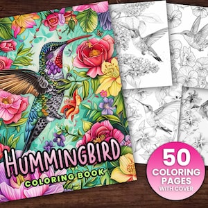 50 Hummingbird Life Cute Variety, Coloring Page Book, Adults + Kids ...