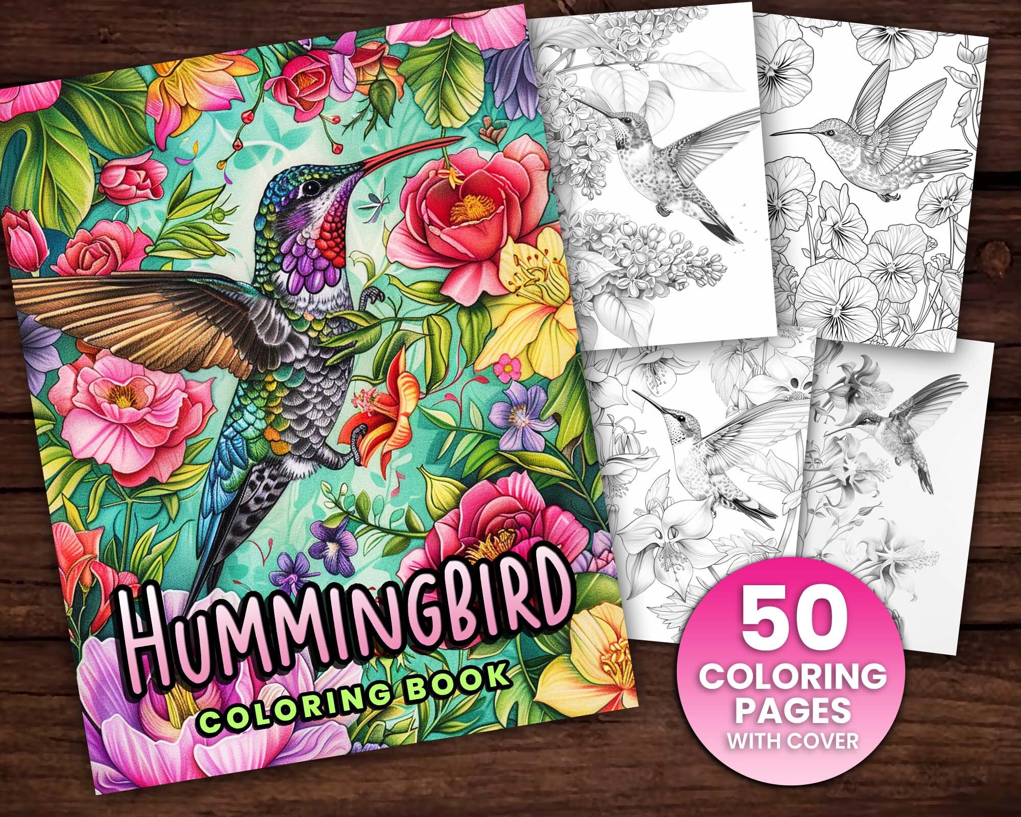 50 Hummingbird Life Cute Variety, Coloring Page Book, Adults + Kids ...