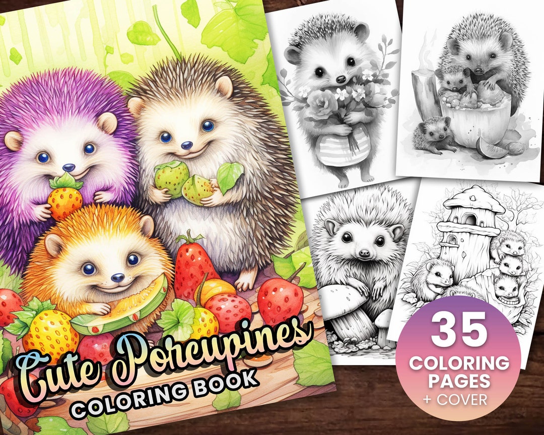 35 Cute Porcupines Animal Coloring Page Book, Adults + Kids Instant ...