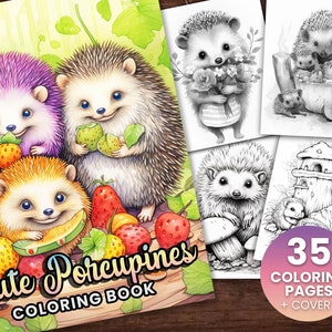 35 Cute Porcupines Animal Coloring Page Book, Adults + Kids Instant ...