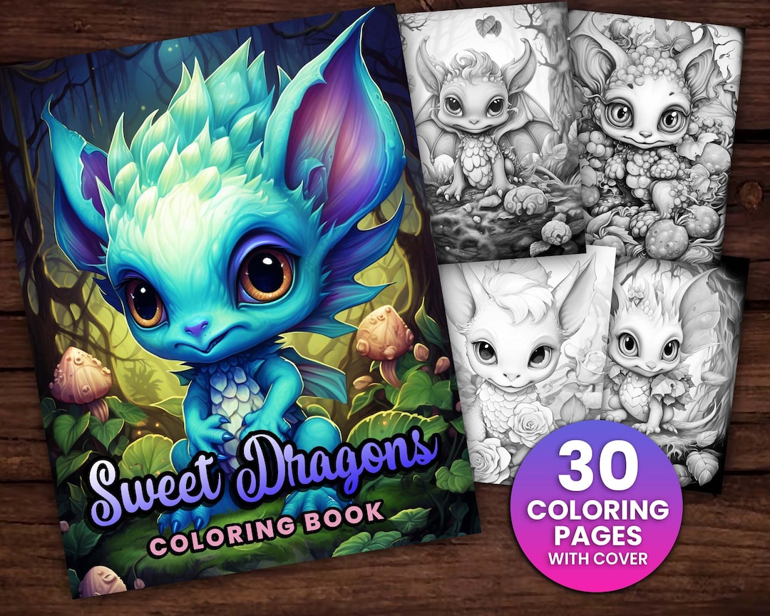 30 Sweet Dragons Fantasy Coloring Page Book, Adults + Kids- Instant ...