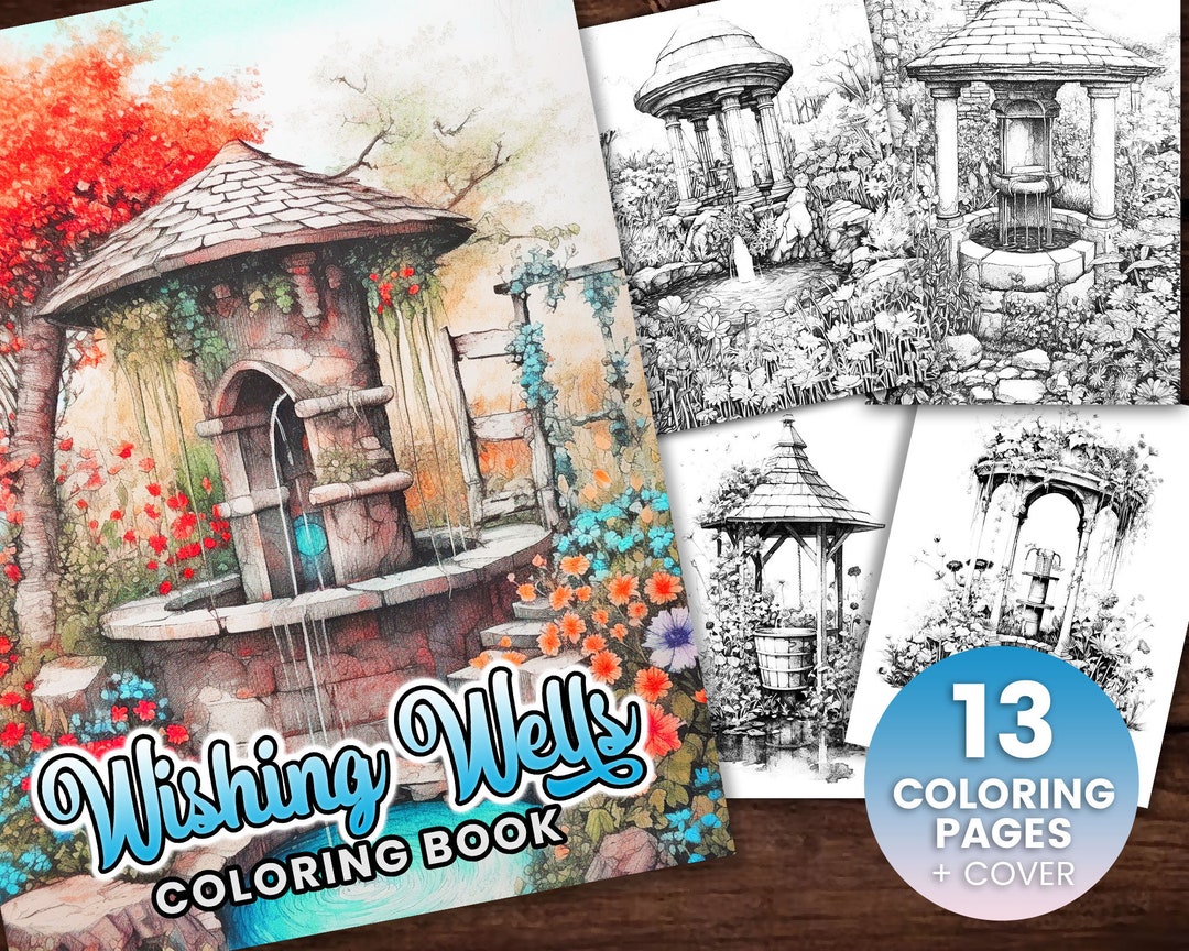 12 Wishing Wells Coloring Book, Adults Kids Instant Download -grayscale ...
