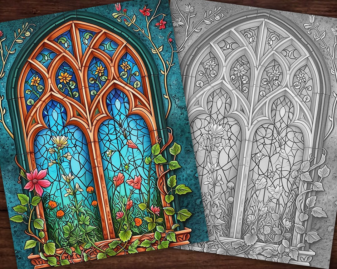 Magic Window Stained Glass Rose Coloring Page, Adults Kids Instant ...