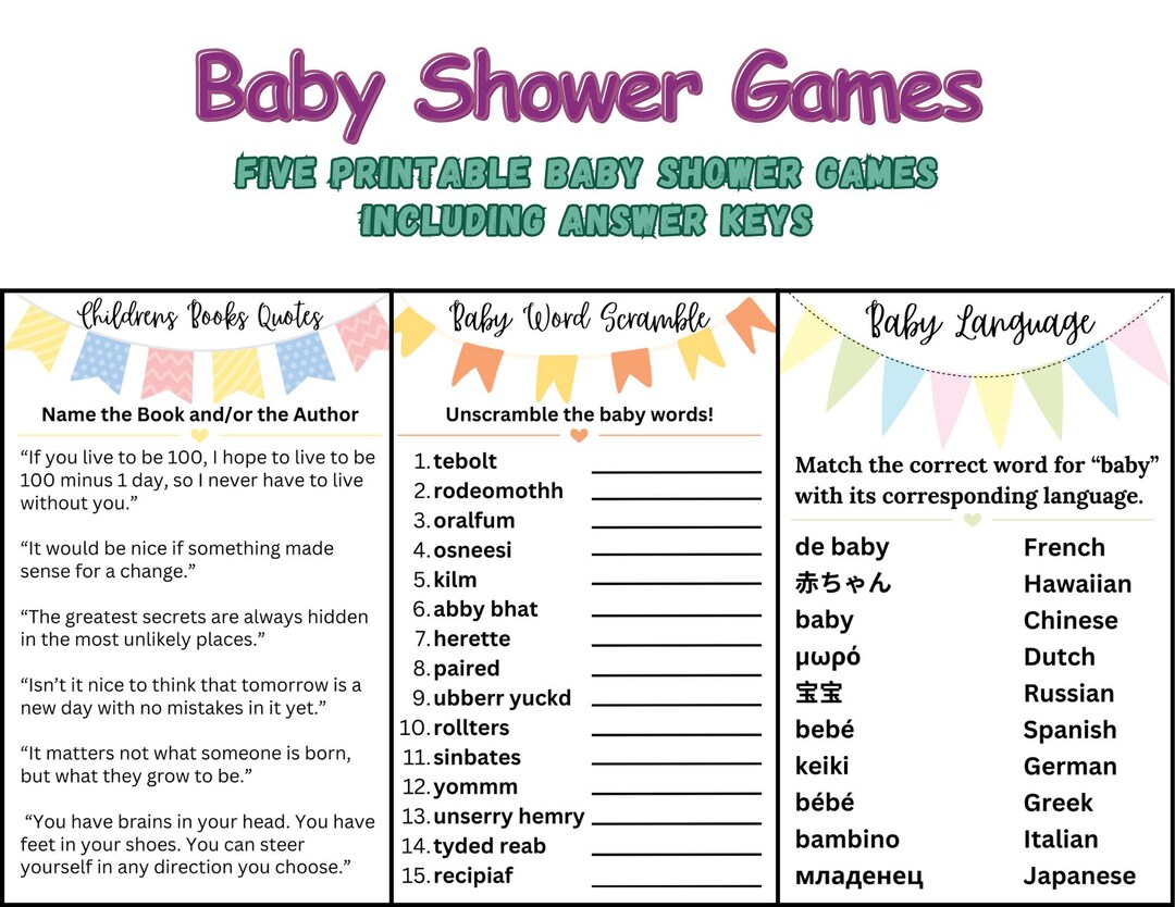 Baby Shower Games 5 Game Bundle Printable Shower Games Instant Download ...