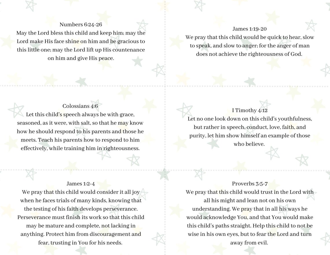 Baby Boy Blessings Green Stars Bible Verse Prayers Baby Shower Activity ...