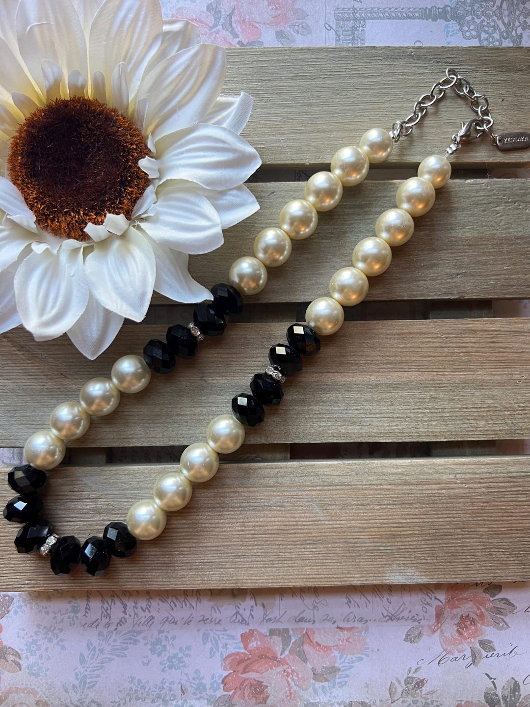 Vintage KISSKAT Pearl & Black Bead Necklace: Y2K Chunky Statement ...