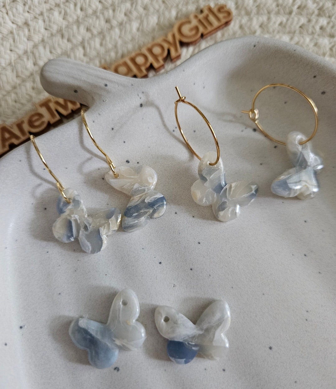 Blue Marble Butterfly (small) Polymer Clay Earrings, Large Teardrop ...