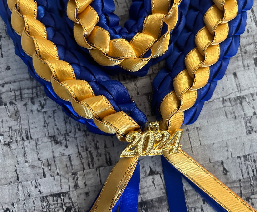 Graduation Double Braided Ribbon Leis Handmade Royal Blue and Yellow 2024 Charms Handmade - Etsy