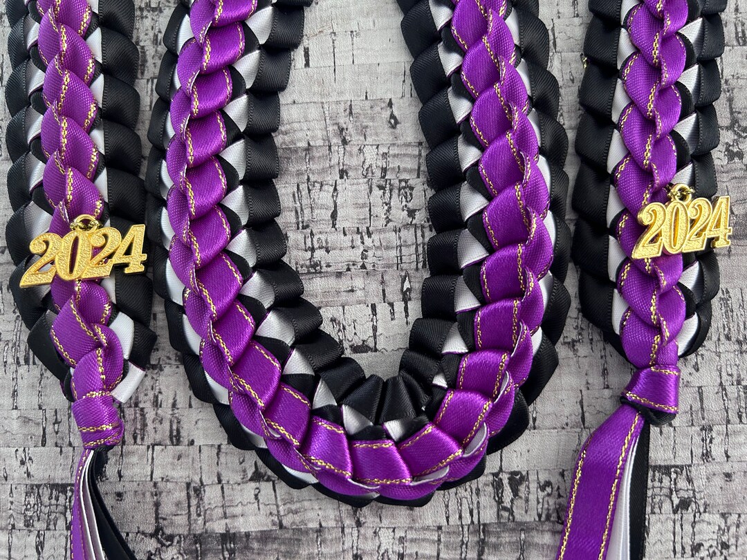 Graduation Stole Open Ended Ribbon Lei Purple Gold Edge/ White / Black ...