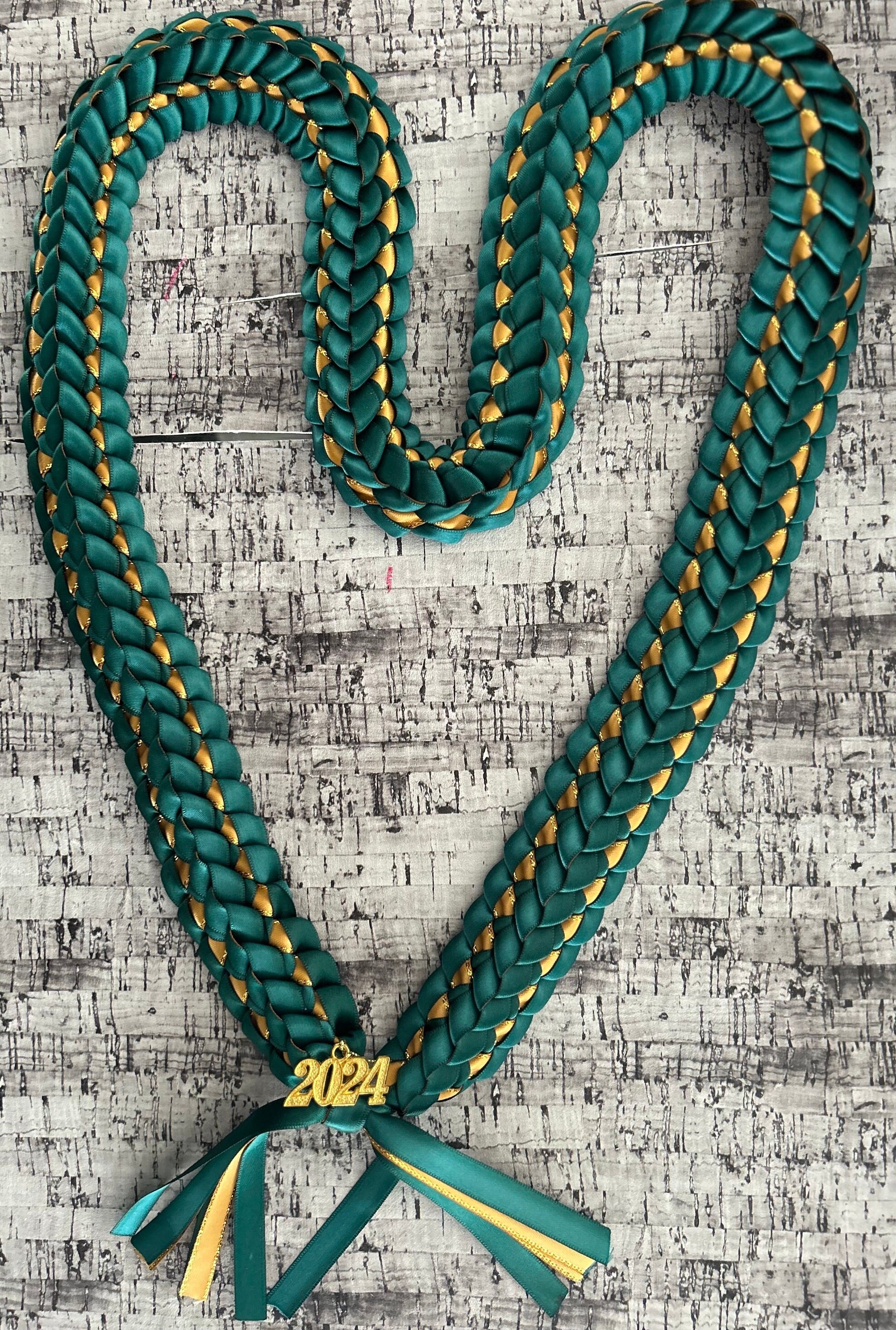 Graduation Double Braided Ribbon Lei Forrest Green / Gold Edged Ribbon 2004 Gold Charm Handmade ...