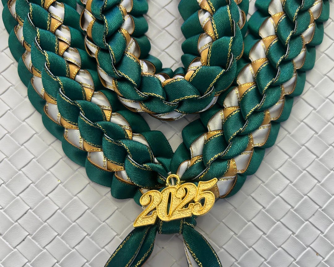 Graduation Double Braided Ribbon Lei Forrest Green / White Gold Edged ...
