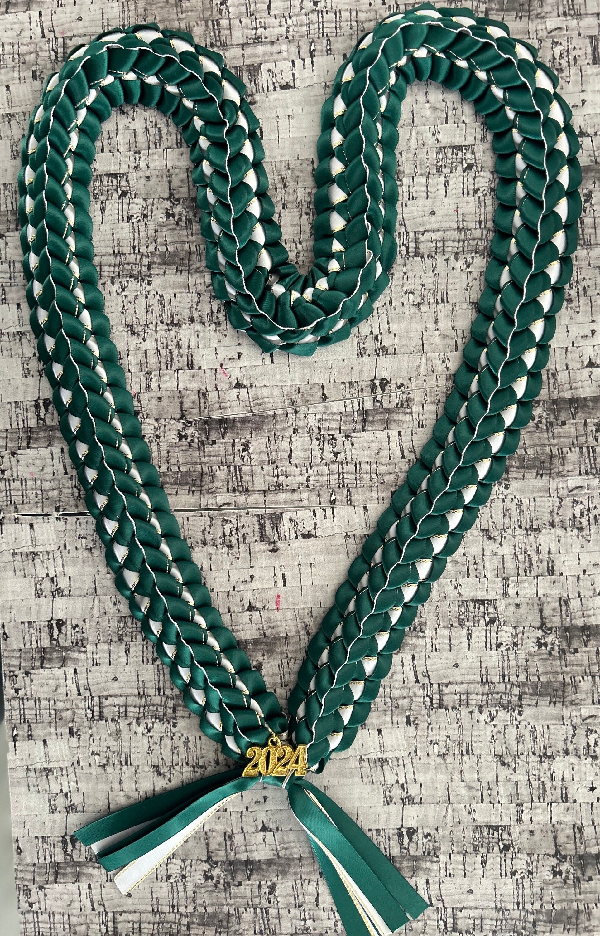 Graduation Double Braided Ribbon Lei Forrest Green / White Gold Edged ...