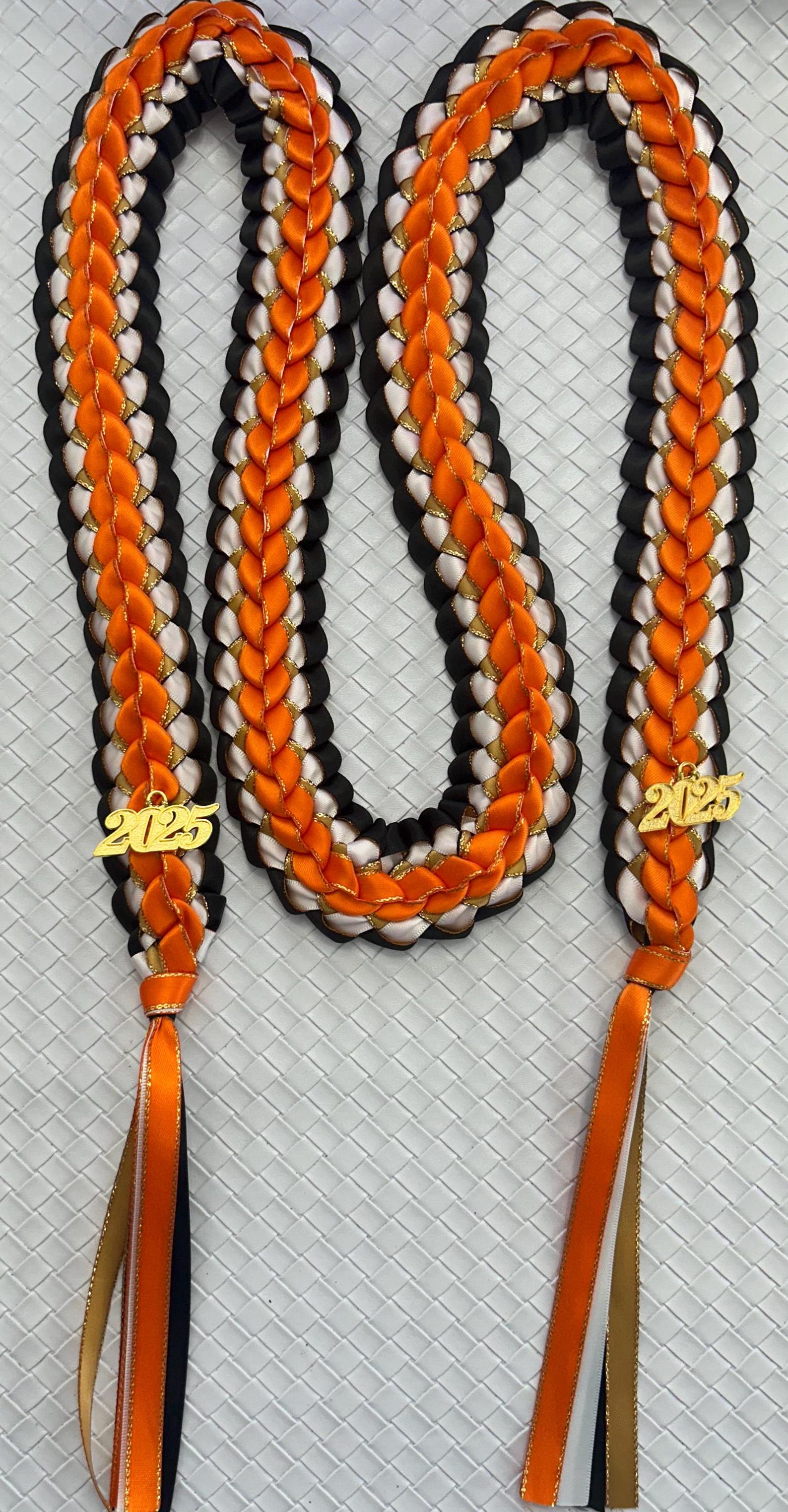 Handmade Graduation Ribbon Lei: Black, Orange & White, Gold 2025 Charms ...