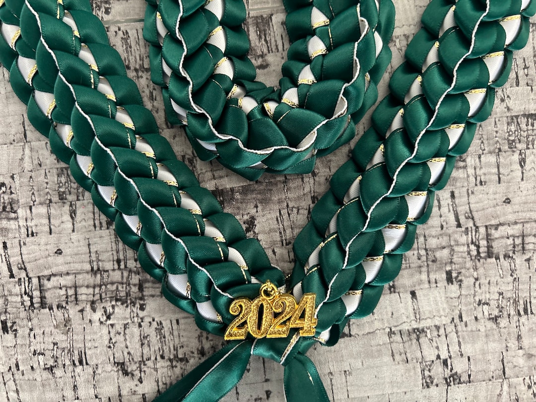 Graduation Double Braided Ribbon Lei Forrest Green / White Gold Edged ...
