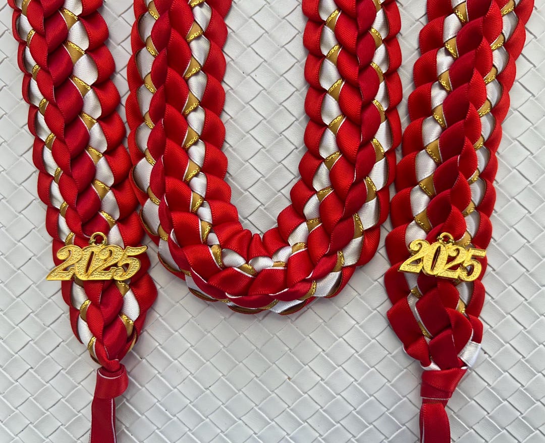 Graduation Stole Open Ended Ribbon Lei Red / White Gold Edged Ribbon ...