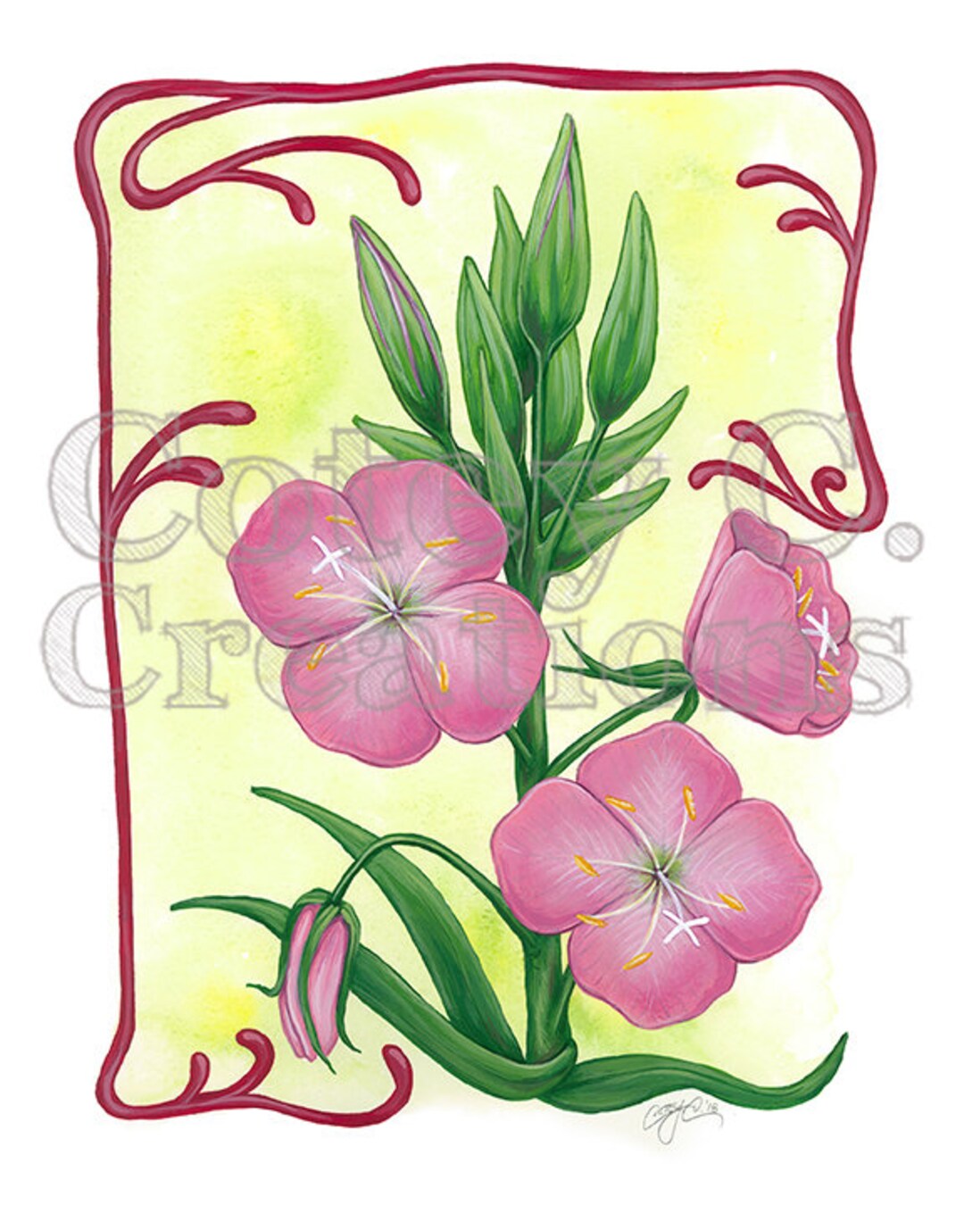 Pink Evening Primrose Art Nouveau Floral Wall Art - Etsy
