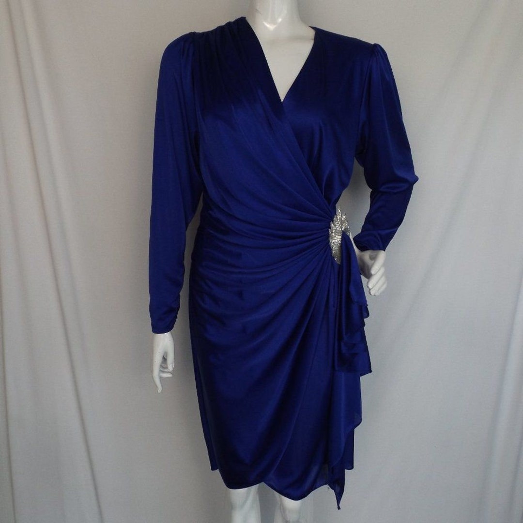 Rich Blue Wrap Dress, S/XS, Gathered Hip/silver Beaded Accent, Ruched ...
