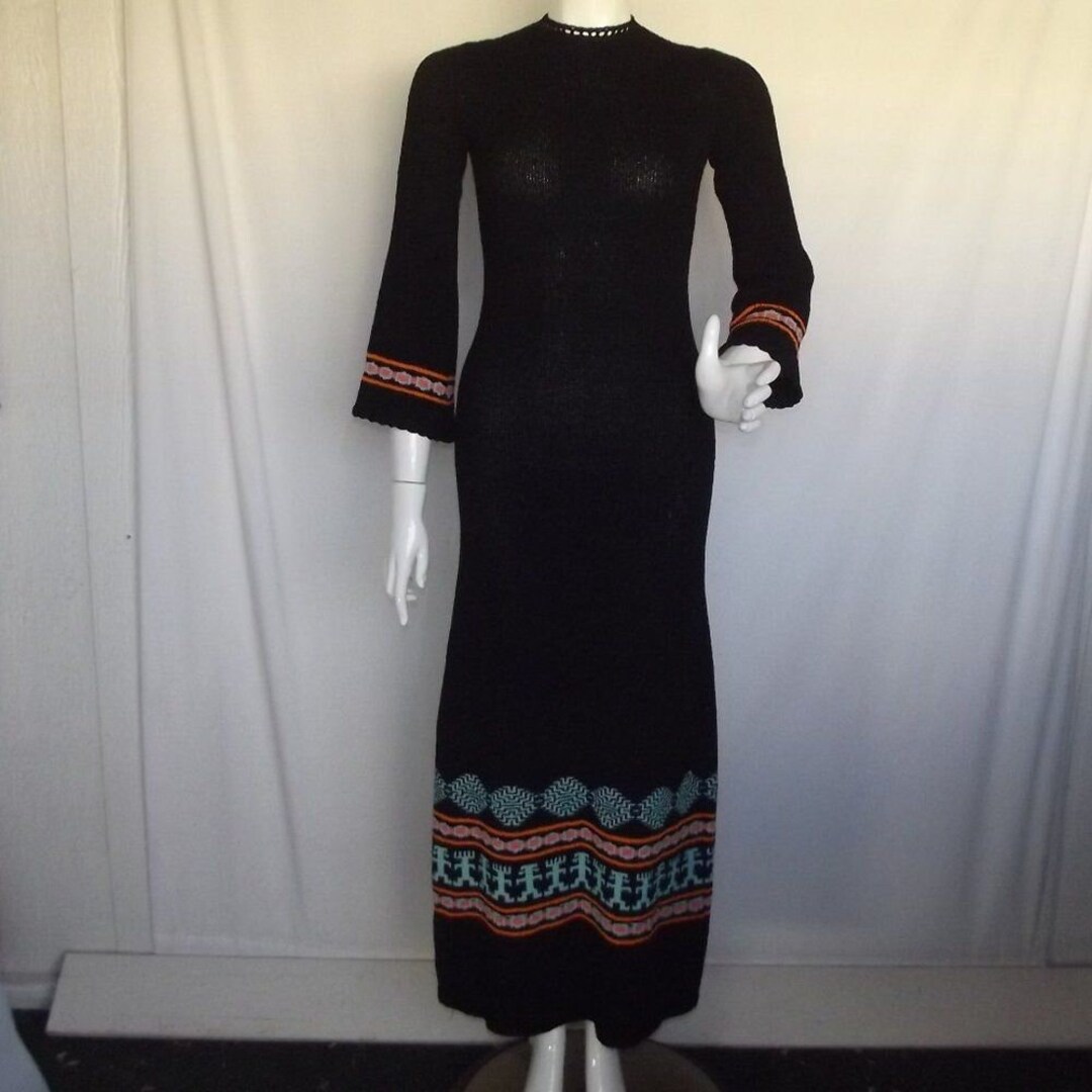 Vintage Knit Dress, S, Black, Colorful Aztek Pattern, Maxi, 3/4 Sleeve, Long - Etsy
