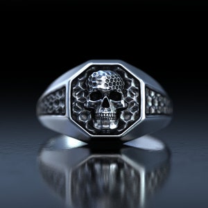 Silver Skull Signet Ring | Hexagon Skull Ring | Signet Ring Men ...