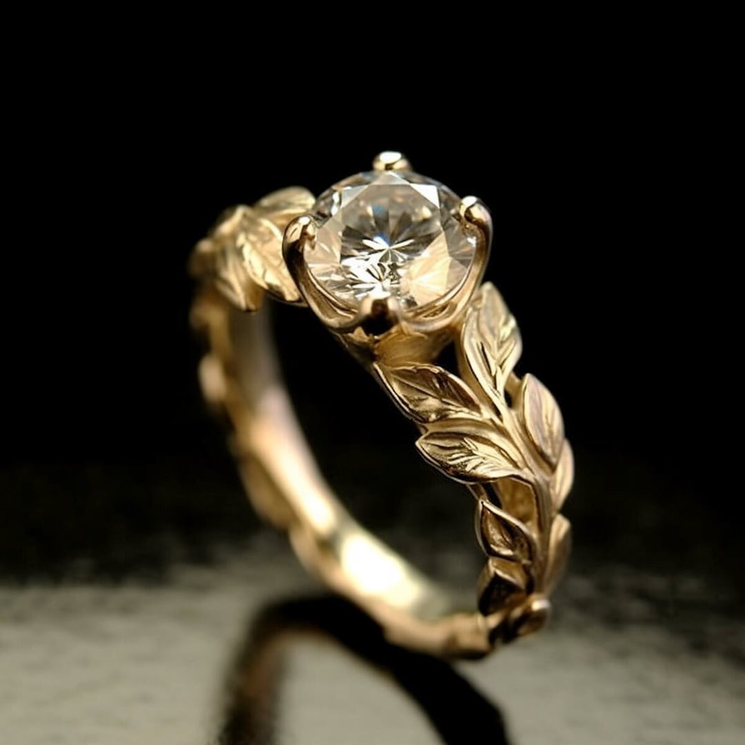 14K Gold Engagement Ring Nature Inspired Ring Gold Leaf Engagement Ring ...