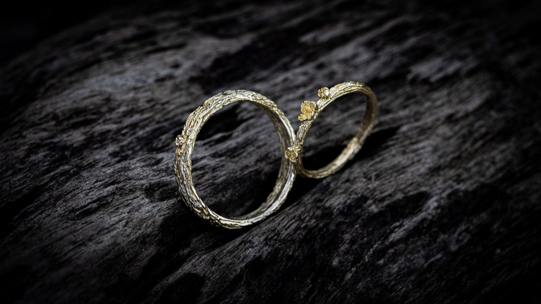 14K Gold Tree Bark Bands | White Gold Tree Wedding Rings Set | Nature ...