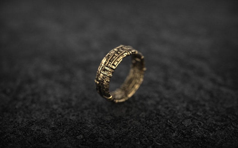 Solid Gold Geometric Ring: Cyberpunk Textured Band - Etsy