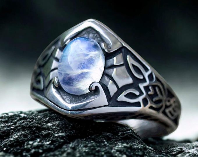 Silver Rainbow Moonstone Viking Wedding Ring – Celtic Knot Engagement ...