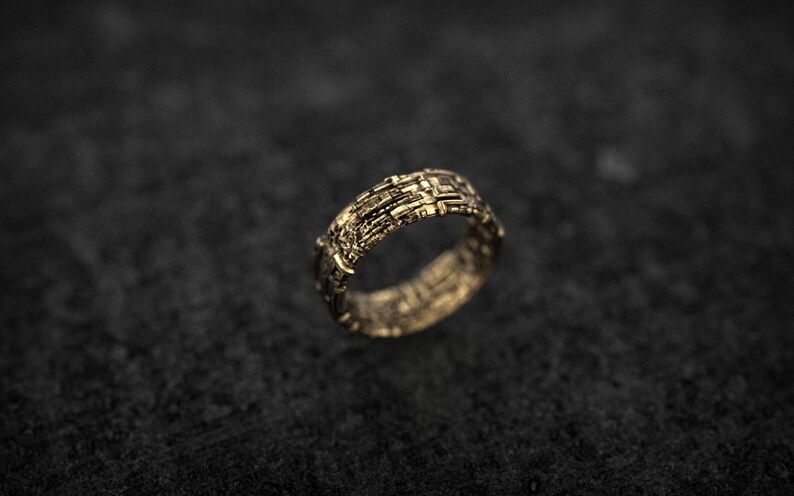 Solid Gold Geometric Ring: Cyberpunk Textured Band - Etsy