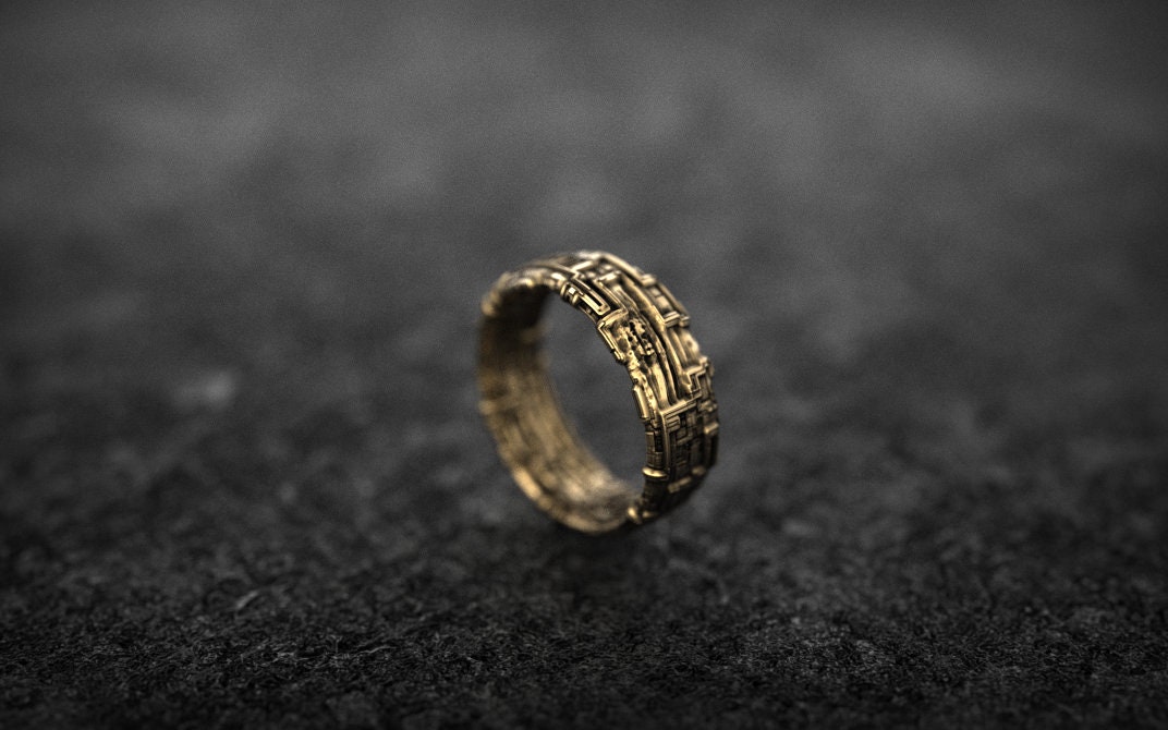 Solid Gold Geometric Ring: Cyberpunk Textured Band - Etsy