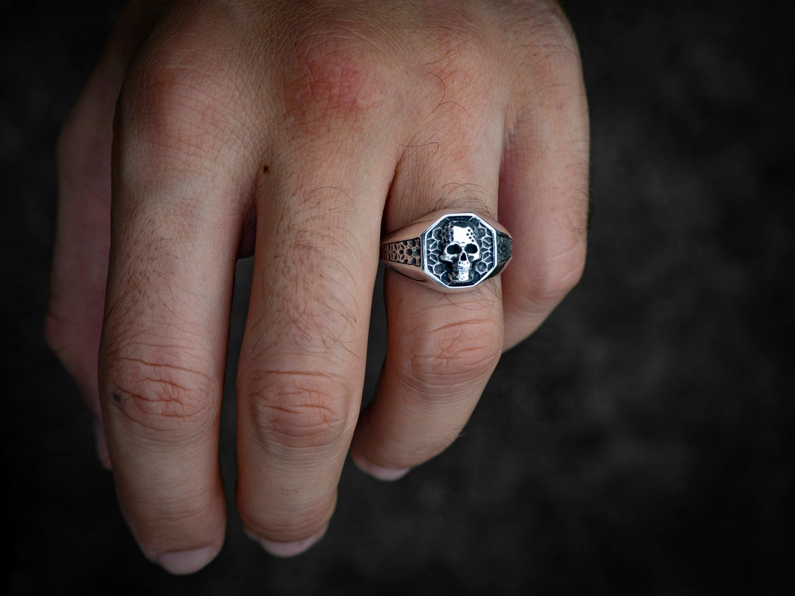 Silver Skull Signet Ring Hexagon Skull Ring Signet Ring - Etsy