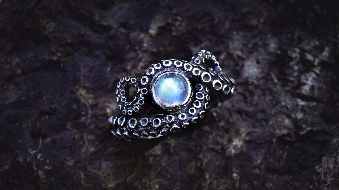 Rainbow Moonstone Octopus Ring | Silver Tentacle Ring | Kraken Jewelry ...