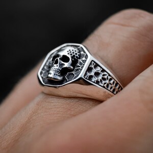 Silver Skull Signet Ring | Hexagon Skull Ring | Signet Ring Men ...
