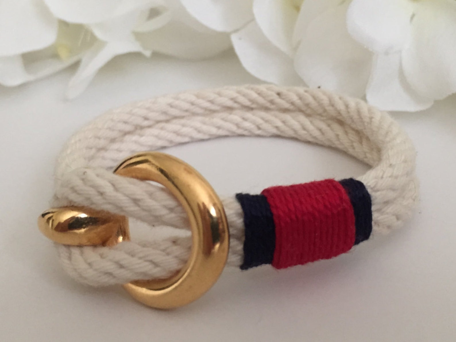 Nautical Rope Bracelet / Gold Hook Clasp Bracelet / Ivory Rope Bracelet ...