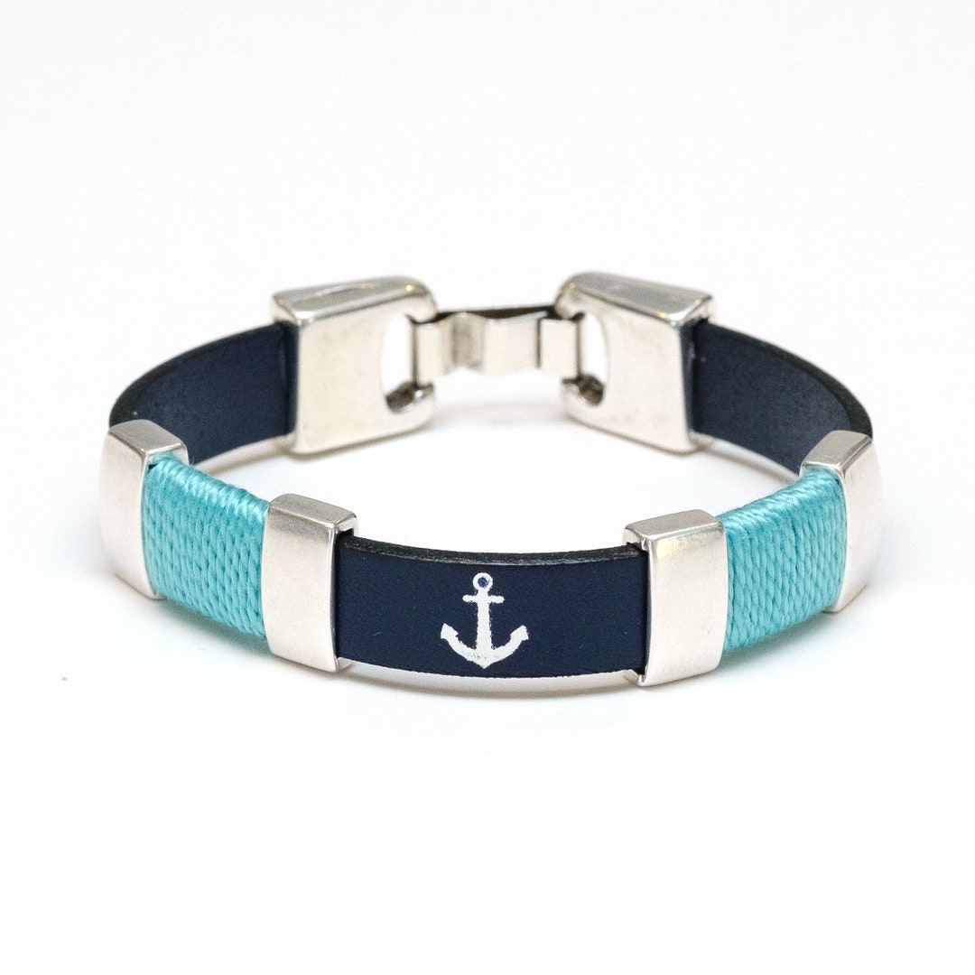 Preppy Leather Bracelet / Navy Blue Leather / Silver Anchor Bracelet ...
