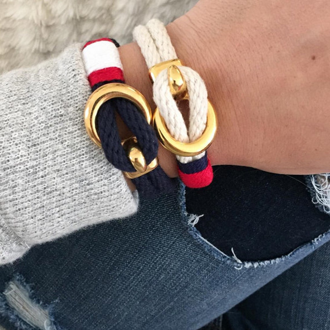 Nautical Rope Bracelet / Gold Hook Clasp Bracelet / Navy Blue Rope ...