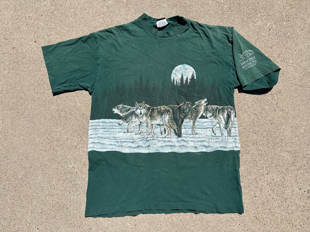 Vtg 90s Wolves Wildlife Wraparound Graphic Printed Single Stitch T ...