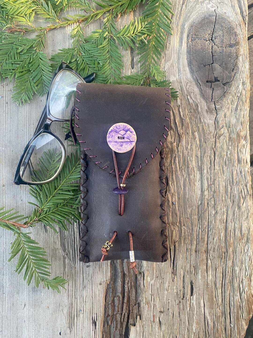 Brown Leather Eyeglass Case, Artisan Button, Western Eyeglass Case ...