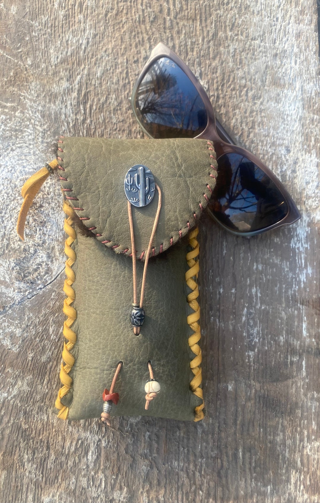 Southwestern Sunglass Case, Sage Leather Eye Case, Pewter Cactus Button ...