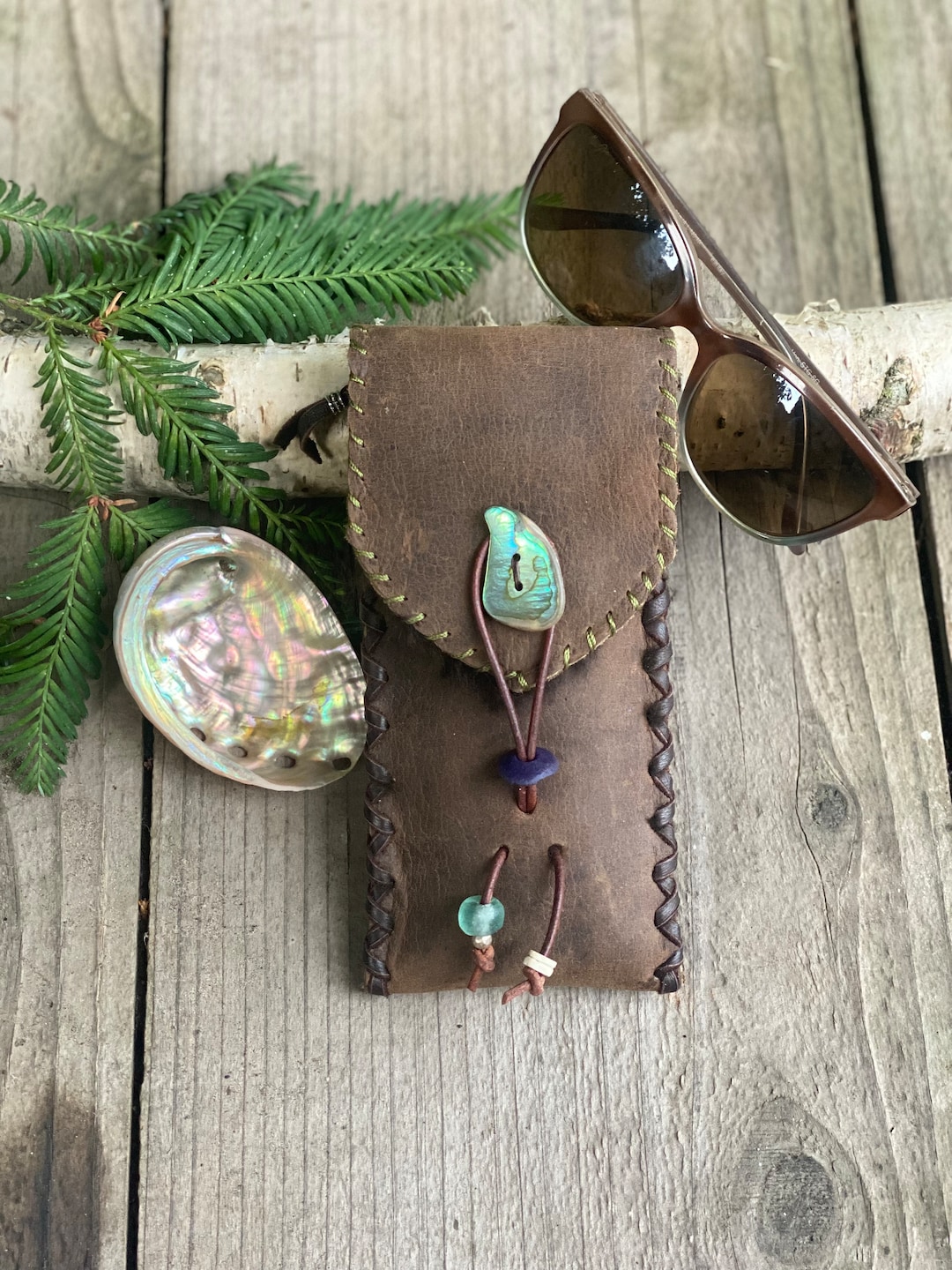 Brown Leather Eyeglass Case Abalone Button Sunglass Case Sheepskin ...