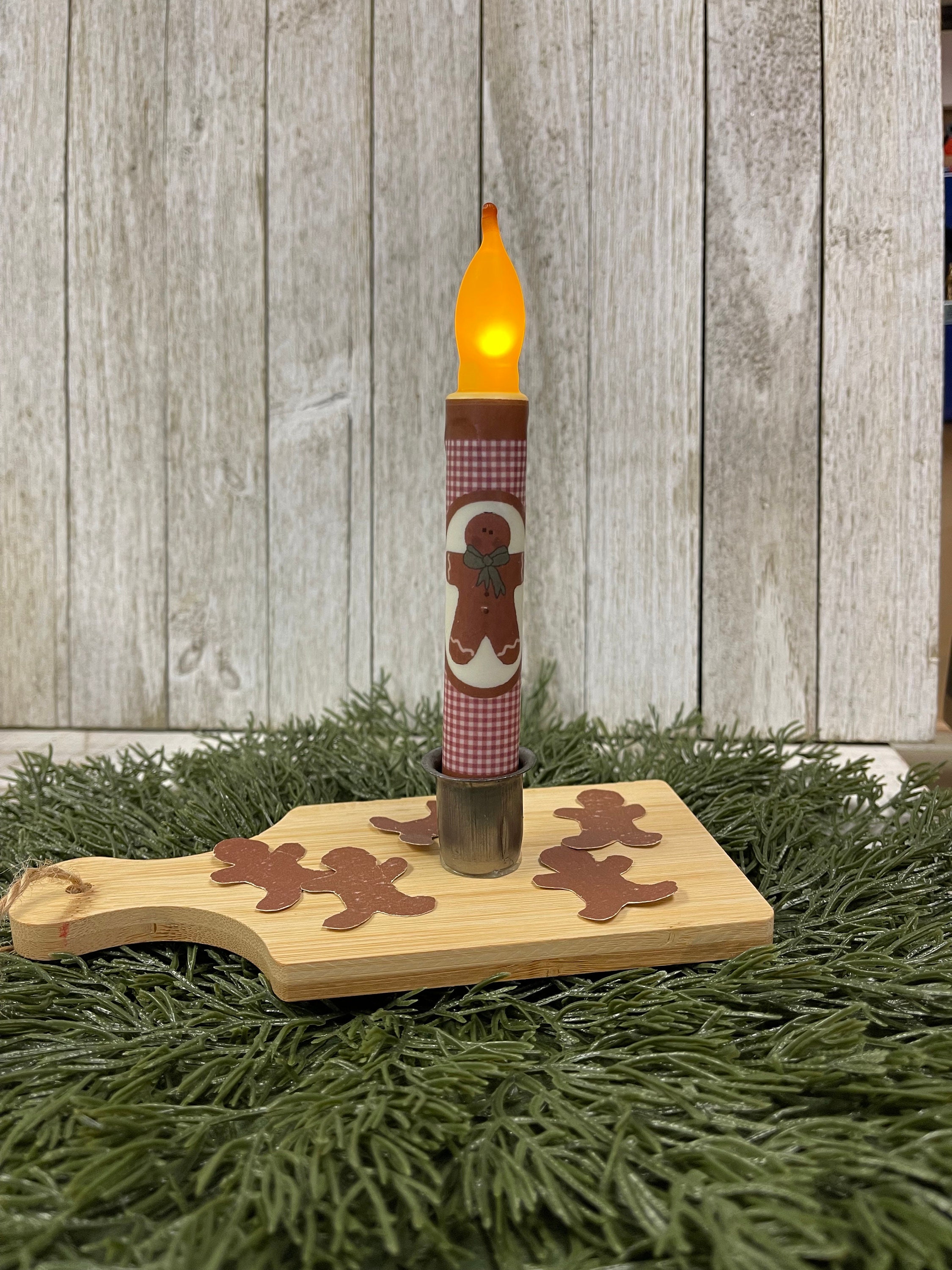 6 Gingerbread Man Taper LED Candle in Mini Cutting Board Candle Holder ...