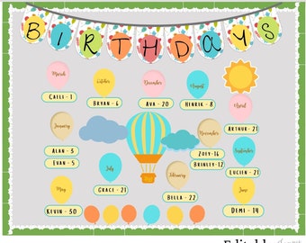Editable Hot Air Balloon Birthday Board Kit, Sky's the Limit Classroom ...