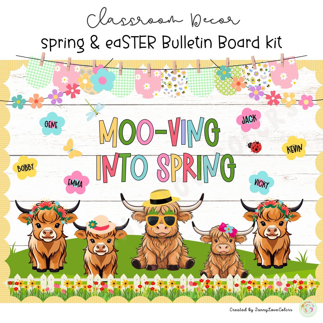 Highland Cow Spring Bulletin Board Kit March April Classroom Door Decor ...