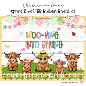 Highland Cow Spring Bulletin Board Kit March April Classroom Door Decor ...