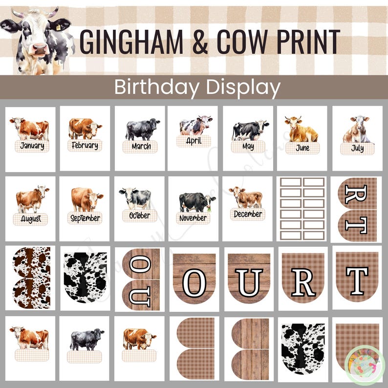 Gingham Cow Print Classroom Birthday Chart: Bulletin Board Decor (PDF ...