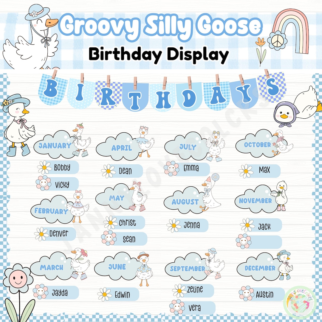 Classroom Birthday Chart, Birthday Bulletin Board, Groovy Silly Goose ...