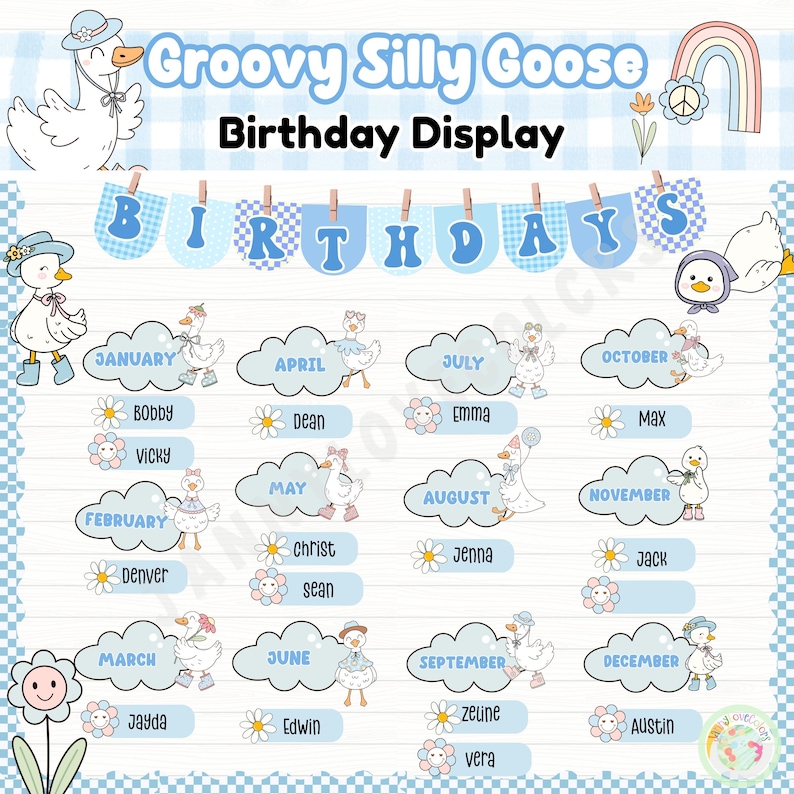 Classroom Birthday Chart, Birthday Bulletin Board, Groovy Silly Goose ...