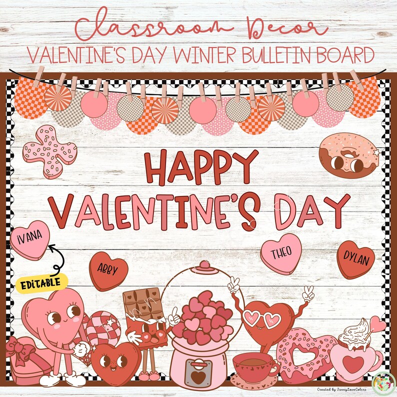 Retro Valentine's Bulletin Board Decor: Editable February Classroom ...