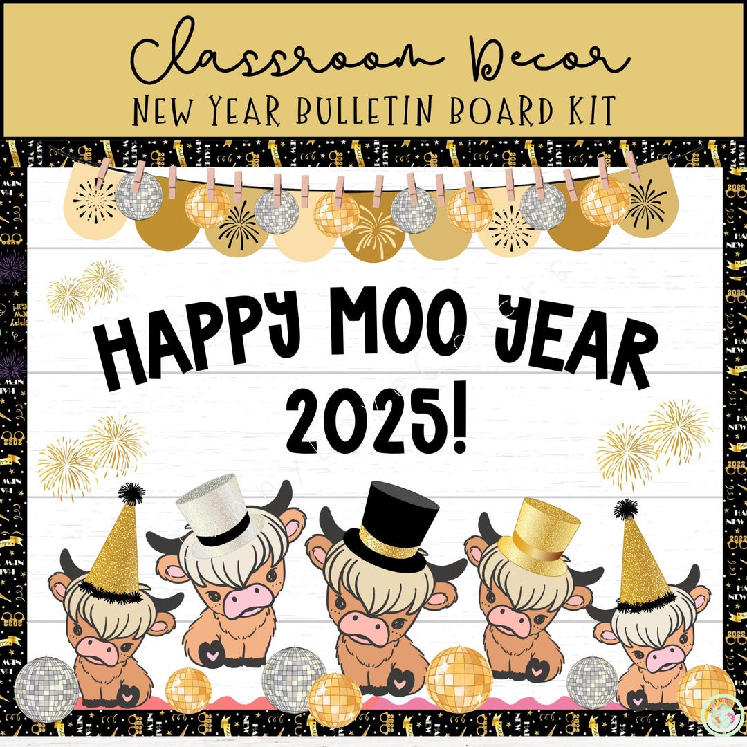 New Year Bulletin Board January Door Decor Classroom Decor Highland Cow ...