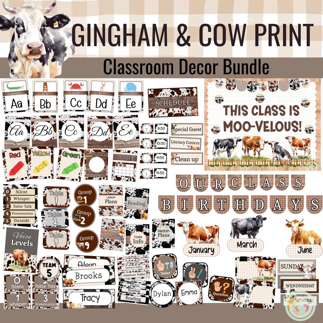 Gingham Cow Print Classroom Decor Bundle: Farmhouse Style - Etsy