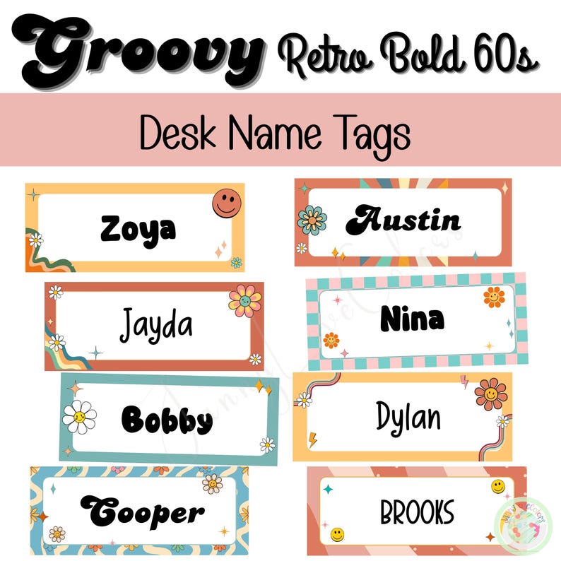 Name Tags Plates | Editable Names Desk Tags | Groovy Retro Bold 60s ...